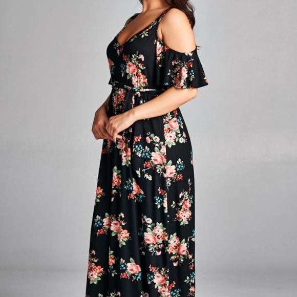 Dresses | Floral Deep Vneck Open Shoulder Maxi Dress | Poshmark